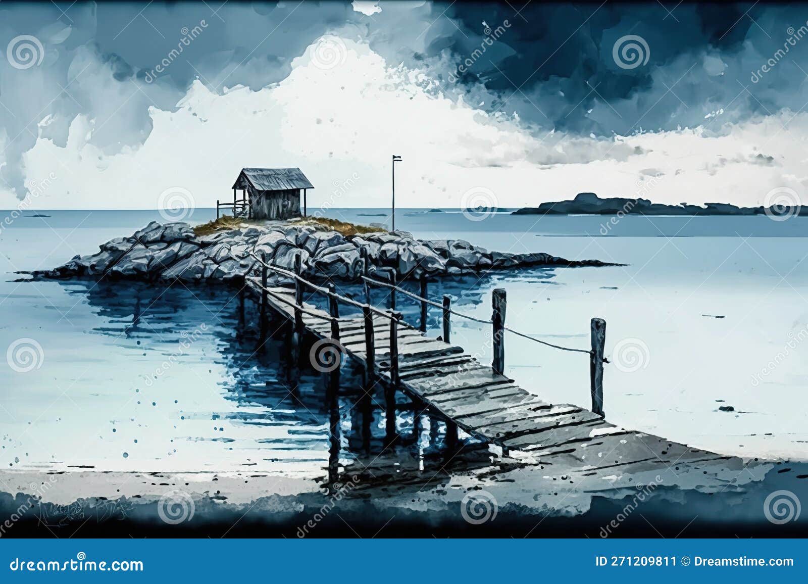 A Seascape a Small Jetty in Foreground Stock Illustration ...