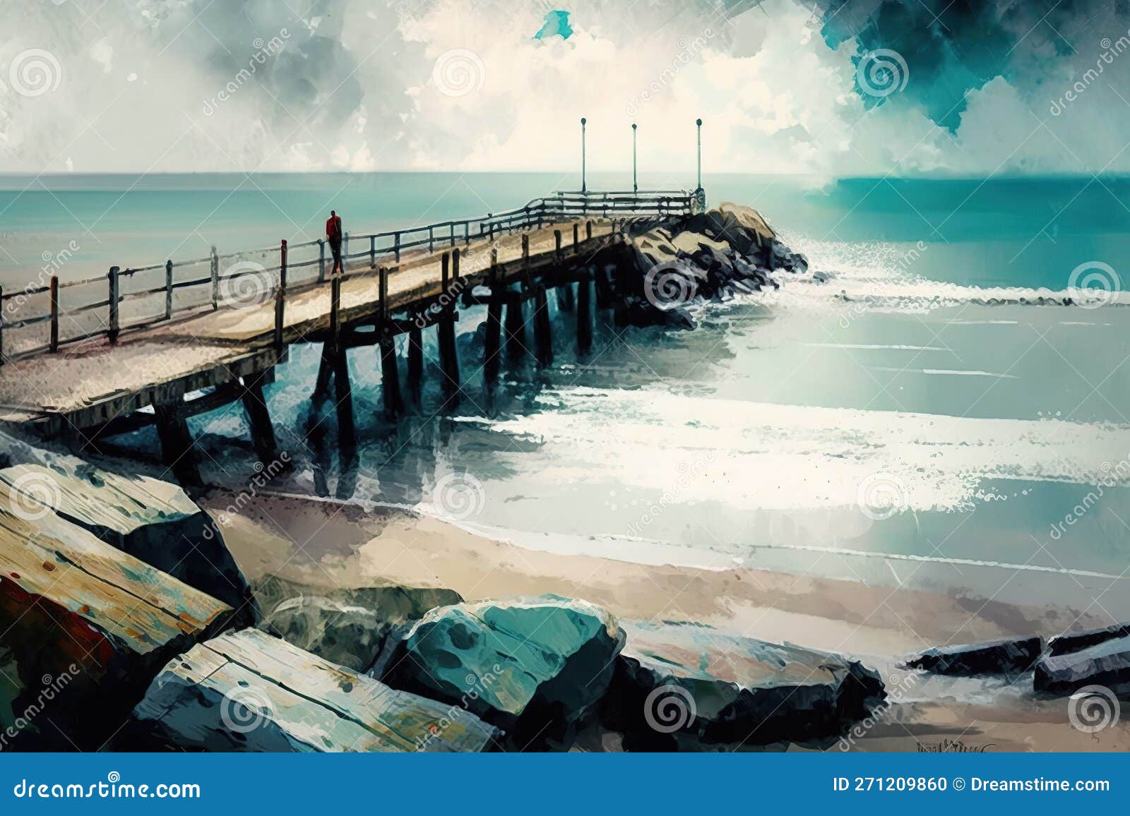 A Seascape a Small Jetty in Foreground Stock Illustration ...