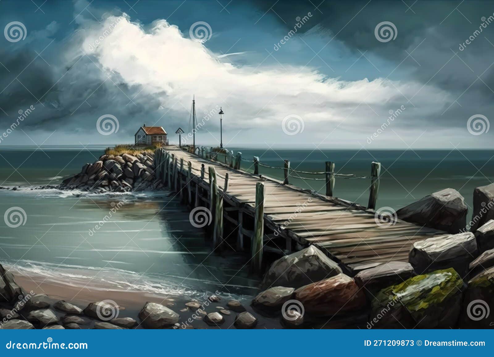 A Seascape a Small Jetty in Foreground Stock Illustration ...