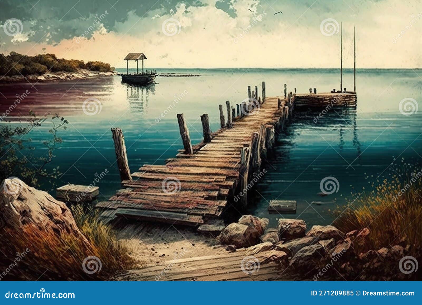 A Seascape a Small Jetty in Foreground Stock Illustration ...