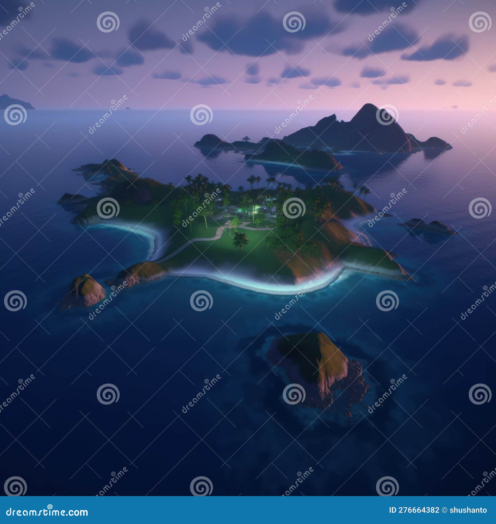 Surreal and Exquisite CG Render of Night Time of an Island Stock ...