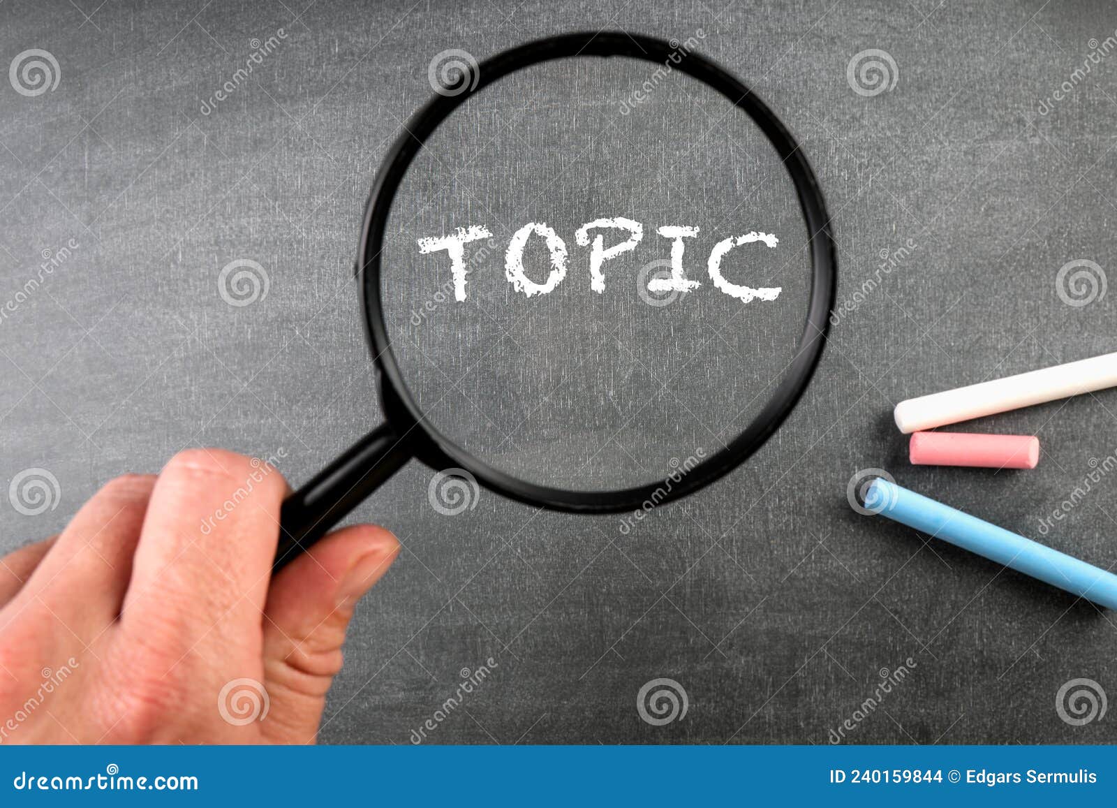 TOPIC. Text and Magnifying Glass on a Black Chalkboard Stock Photo ...