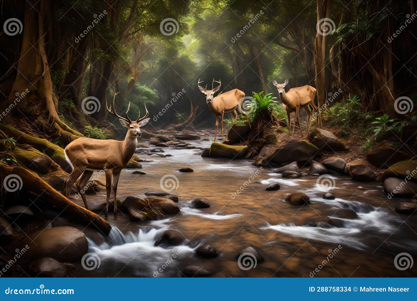 Tropical Stream And Sambar Deer Generated AI Stock Photo ...