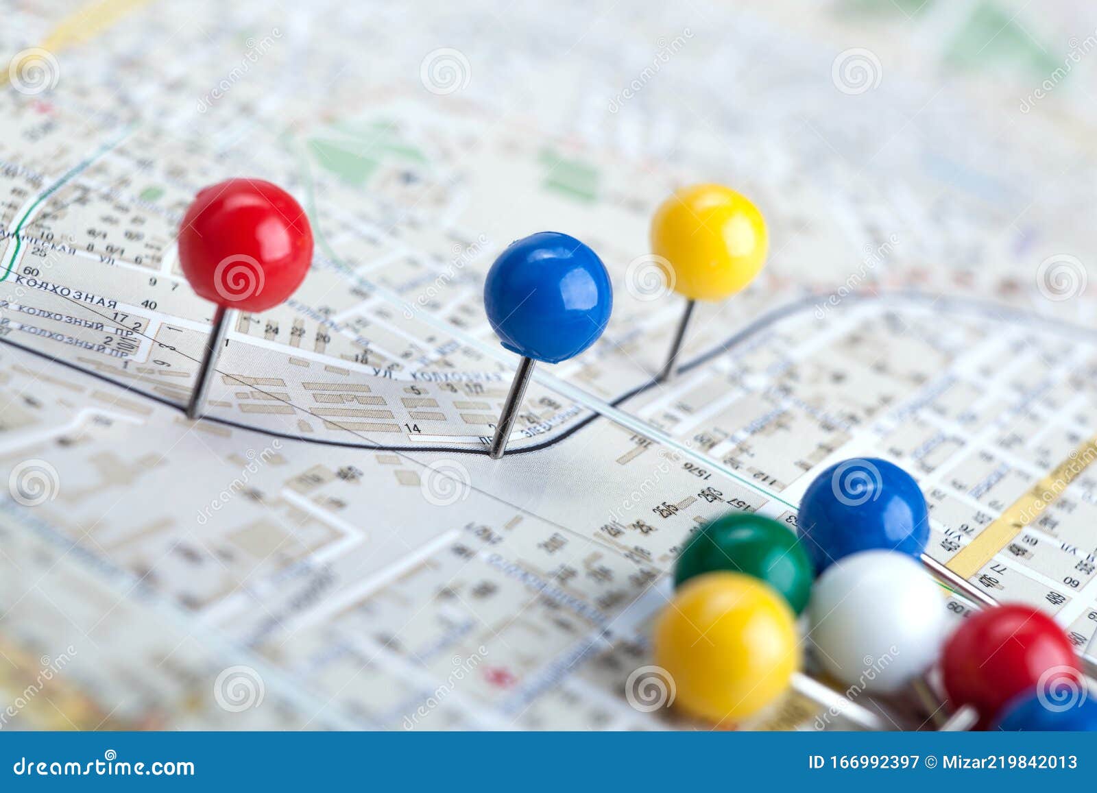 Topographic Map with Colored Needles Pushpins Close Up Stock Image ...