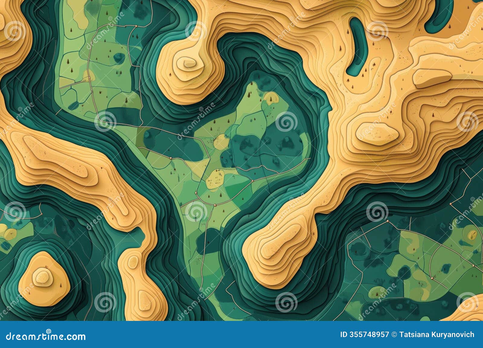 Topographic Map with Layered Terrain, Green Fields, and Brown Contours ...