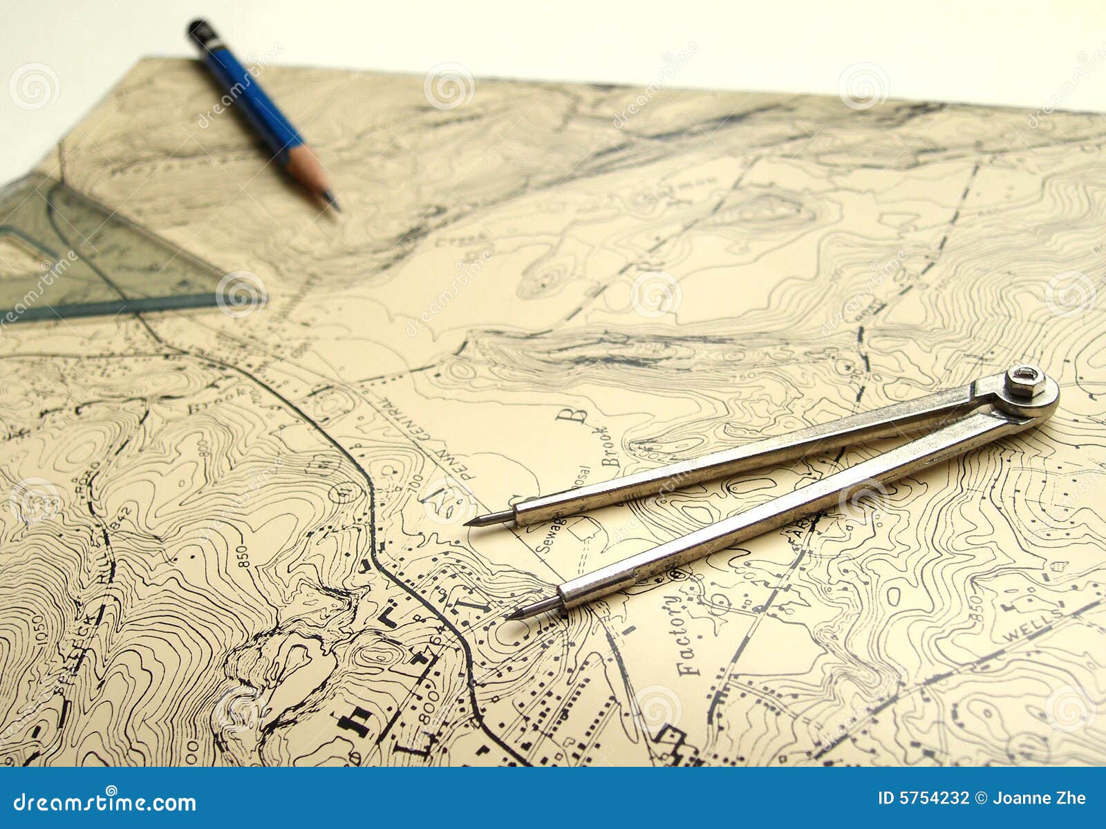 Topographic Map with Pencil Stock Photo - Image of divider, instruments ...