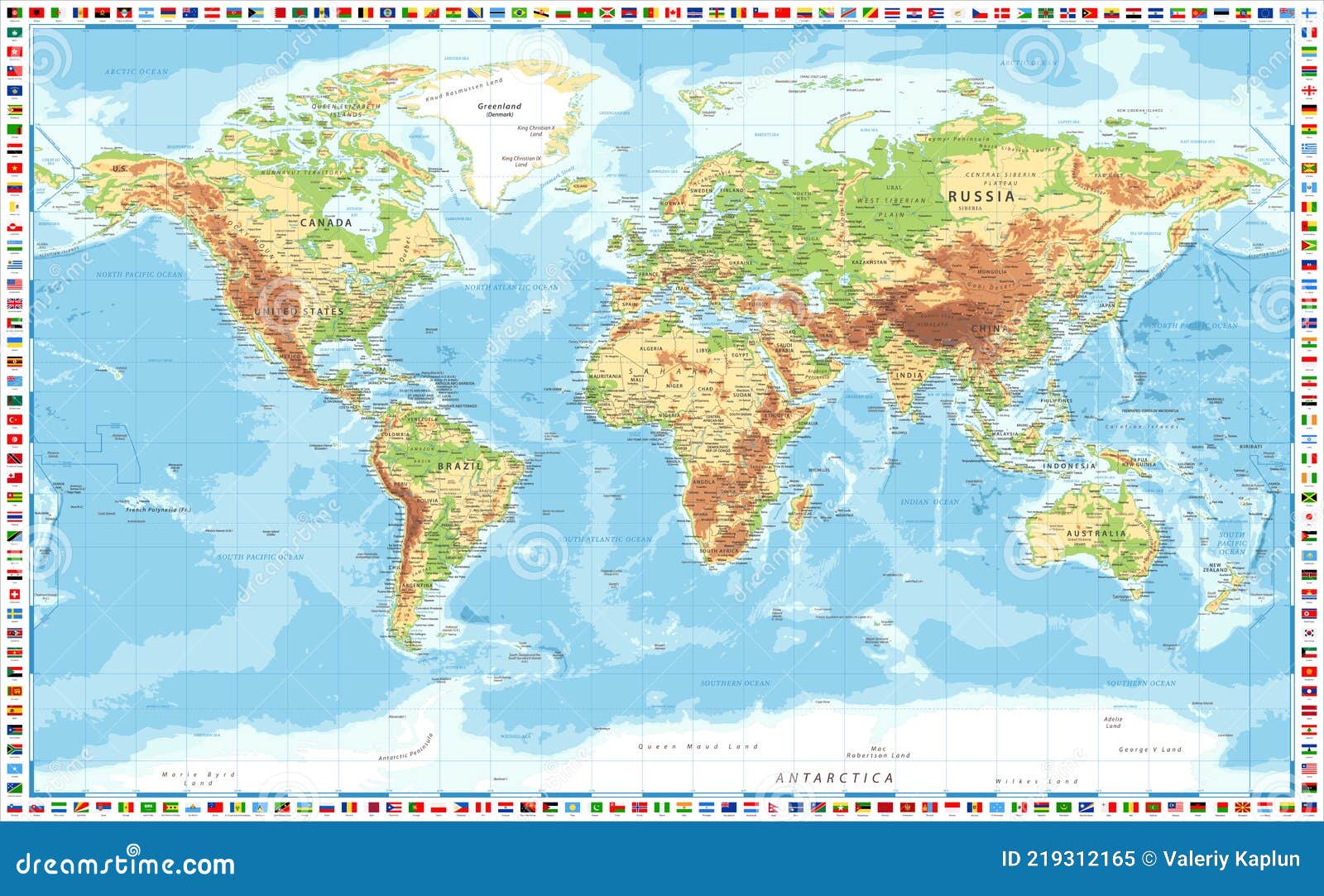 Topographic World Map And Flags - Vector Illustration. Physical Relief ...