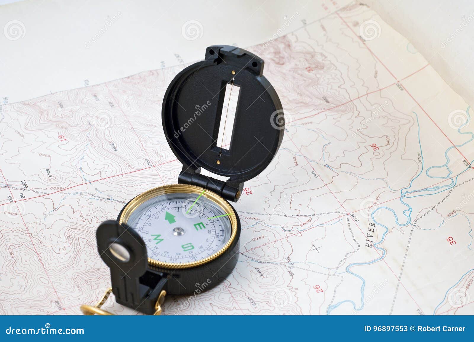 Topographical Map and Compass Stock Image - Image of paper, discovery ...