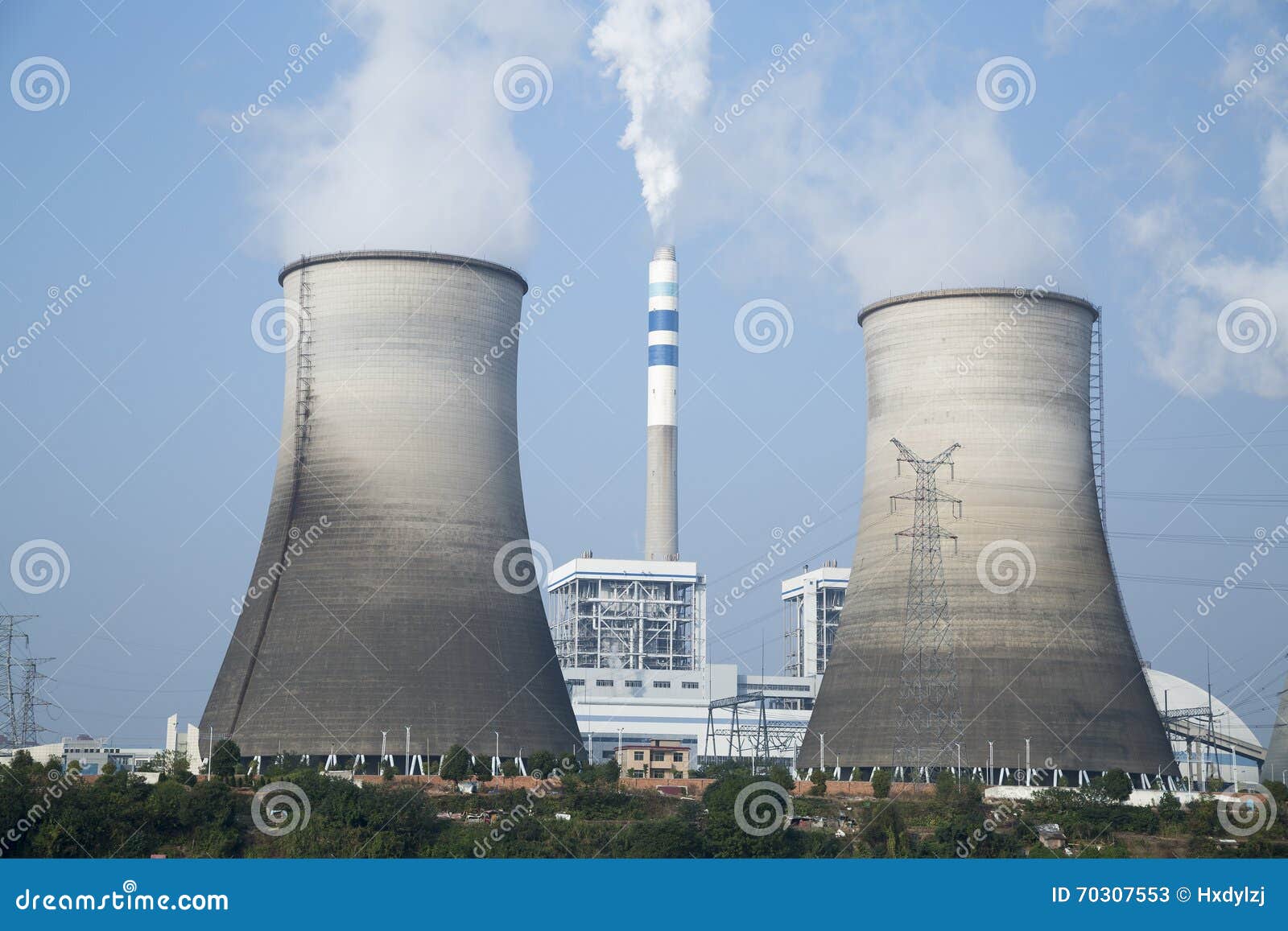 Tops of Cooling Towers of Atomic Power Plant Under Blue Sky Stock Image ...