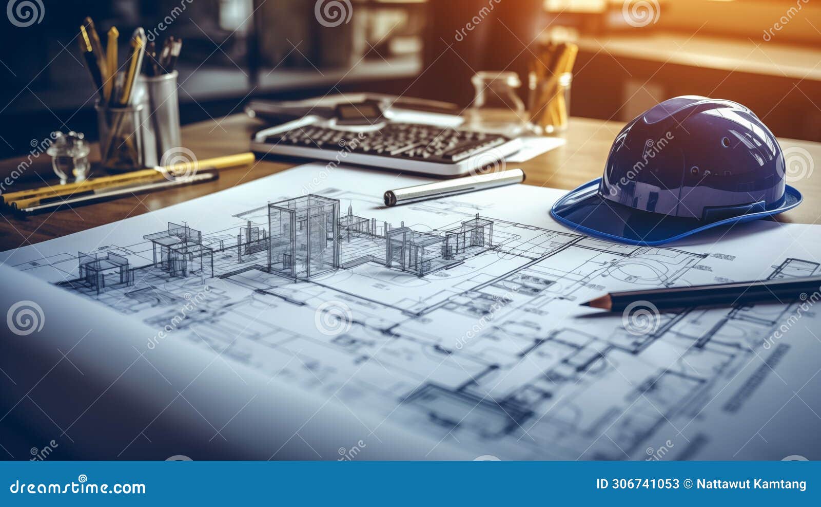 Topview of Engineer Table with Blueprint Generative AI Stock ...