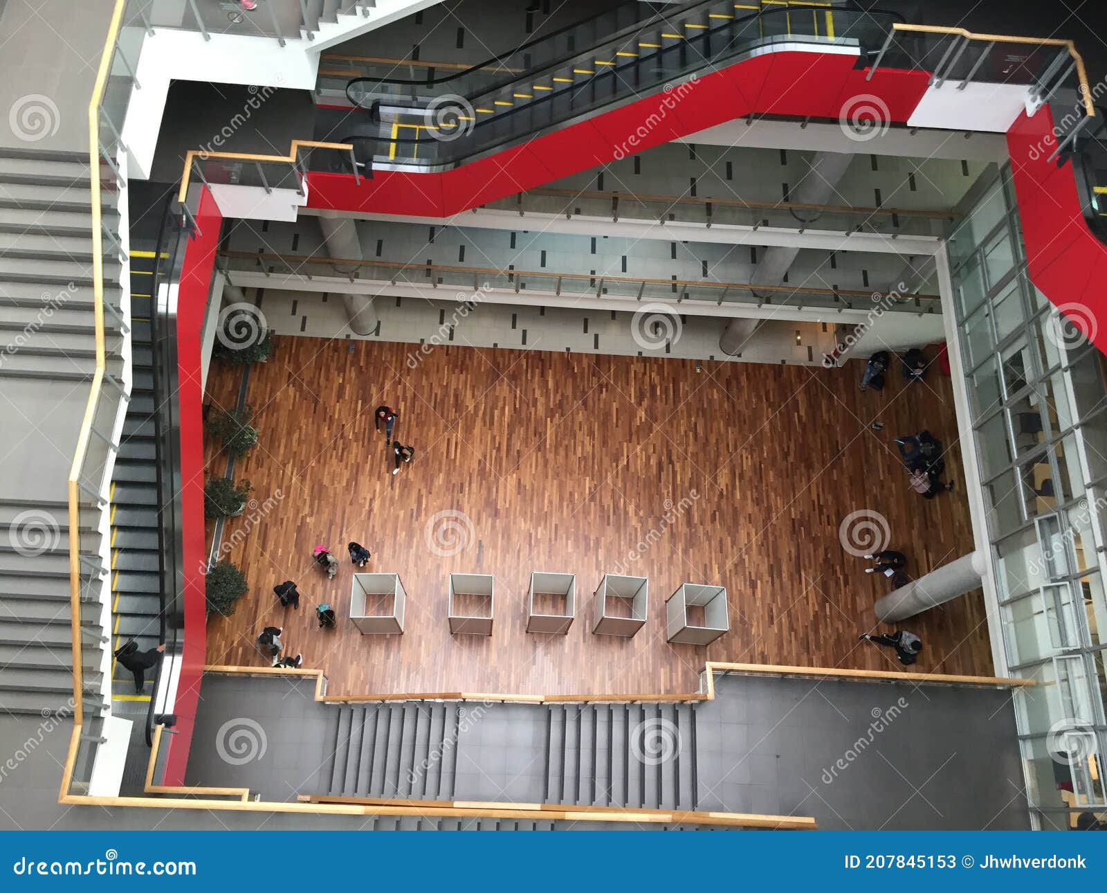 Topview of a Five Level Building with Many Stairs in Red and White ...