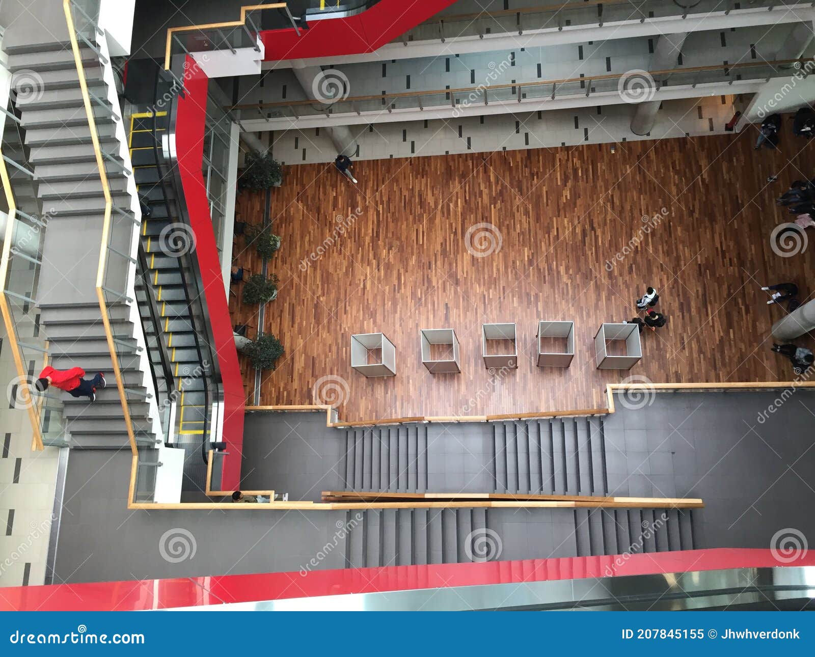 Topview of a Five Level Building with Many Stairs in Red and White ...