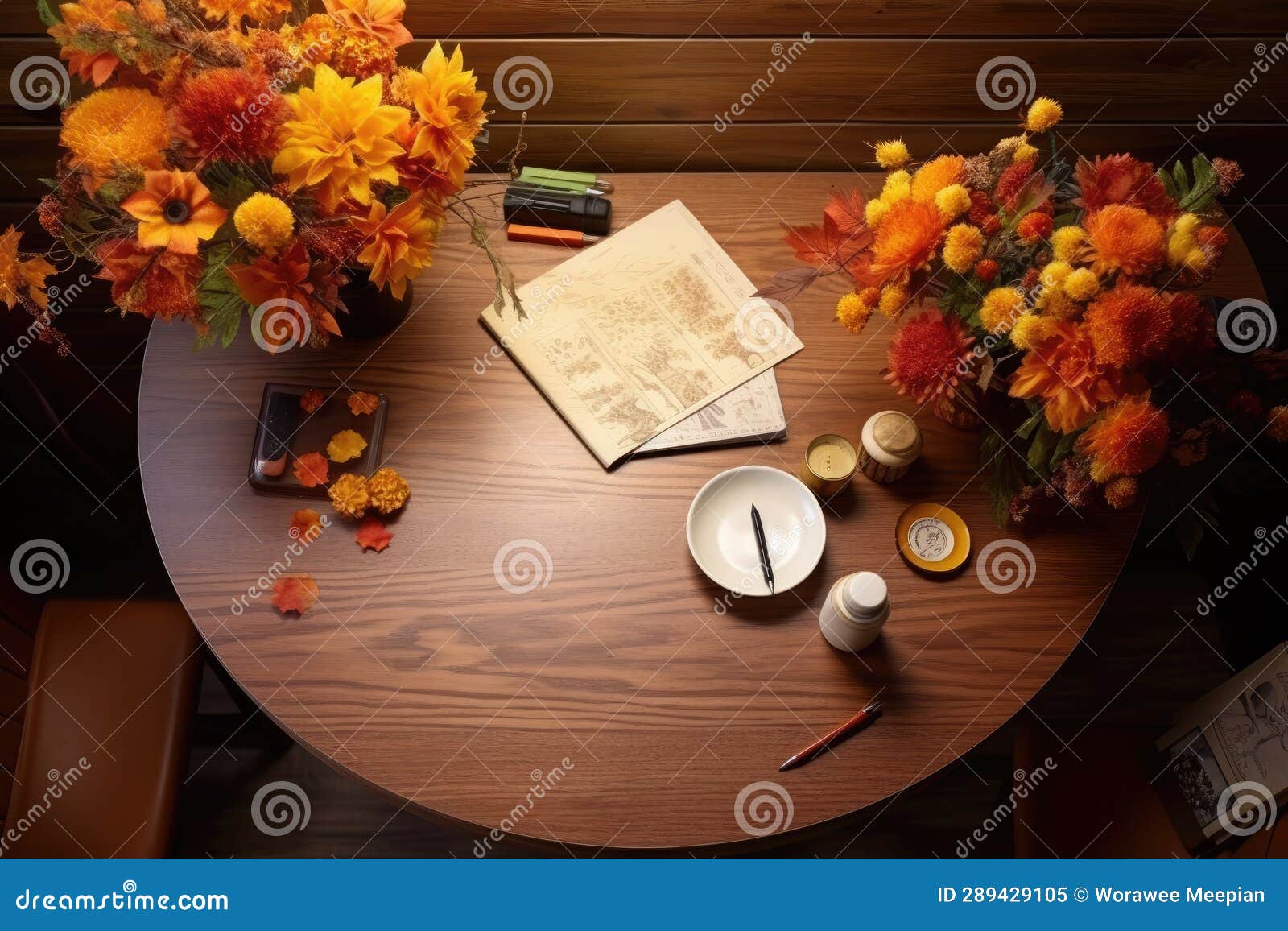 Topview Office Desk Decorate Autumn Theme. Generative AI Stock Image ...