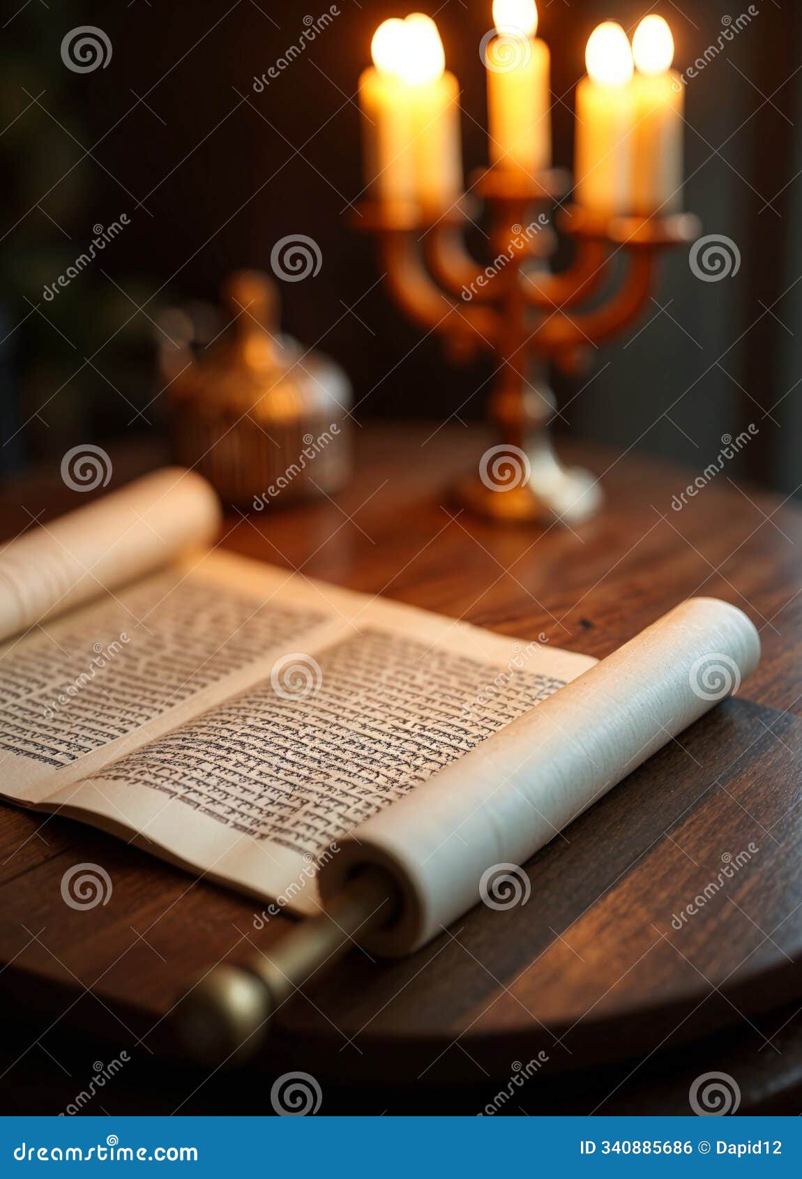 Torah Scroll and Candles in Menorah on a Table Stock Illustration ...