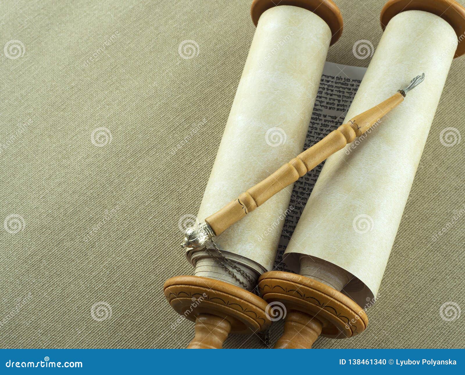 Torah Scrolls on a Wooden Table Close-up on a Background of Gray Linen ...