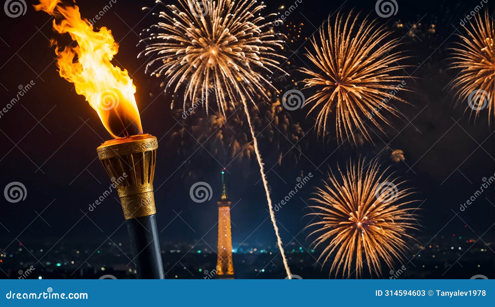 Torch with Fire, Symbol of the Olympics, Celebration Fireworks ...