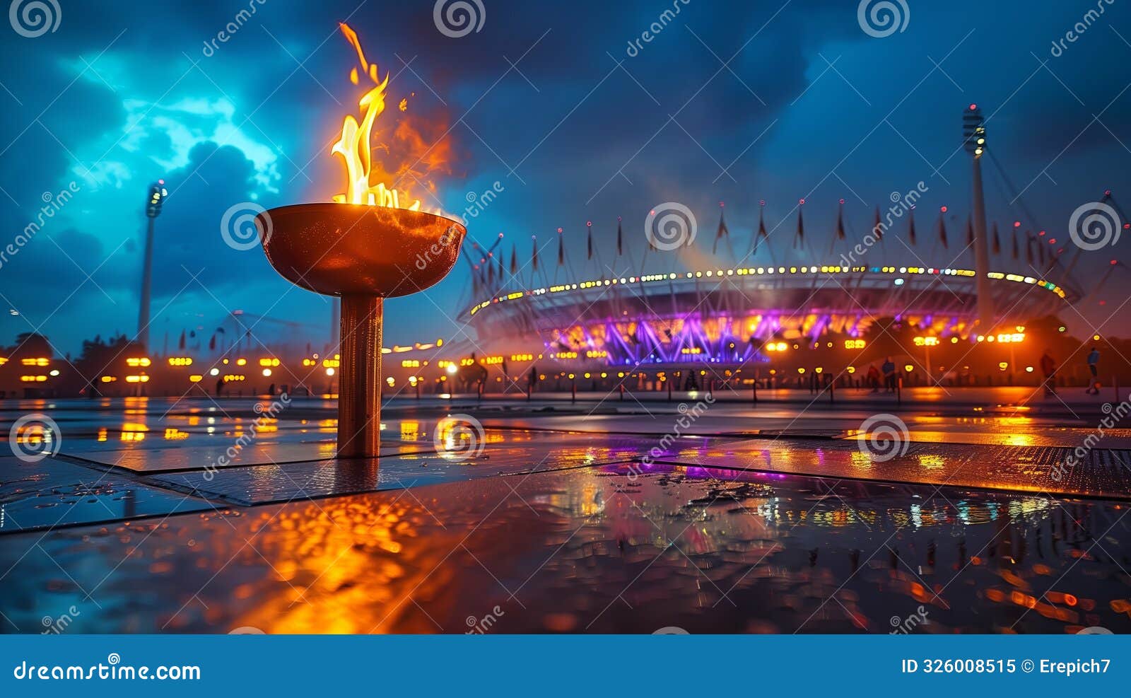 The Burning Torch in Front of Olympic Stadium Stock Illustration ...