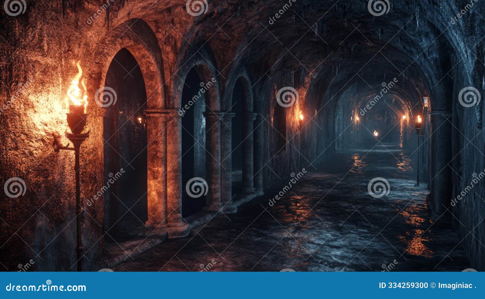 Torch-Lit Arched Hallway in a Dark, Mysterious Cave Stock Illustration ...