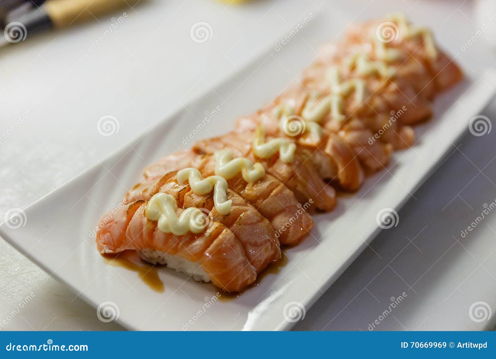 Torched Salmon Aburi Saikyo Sushi With Sweet Sauce On White Plate ...