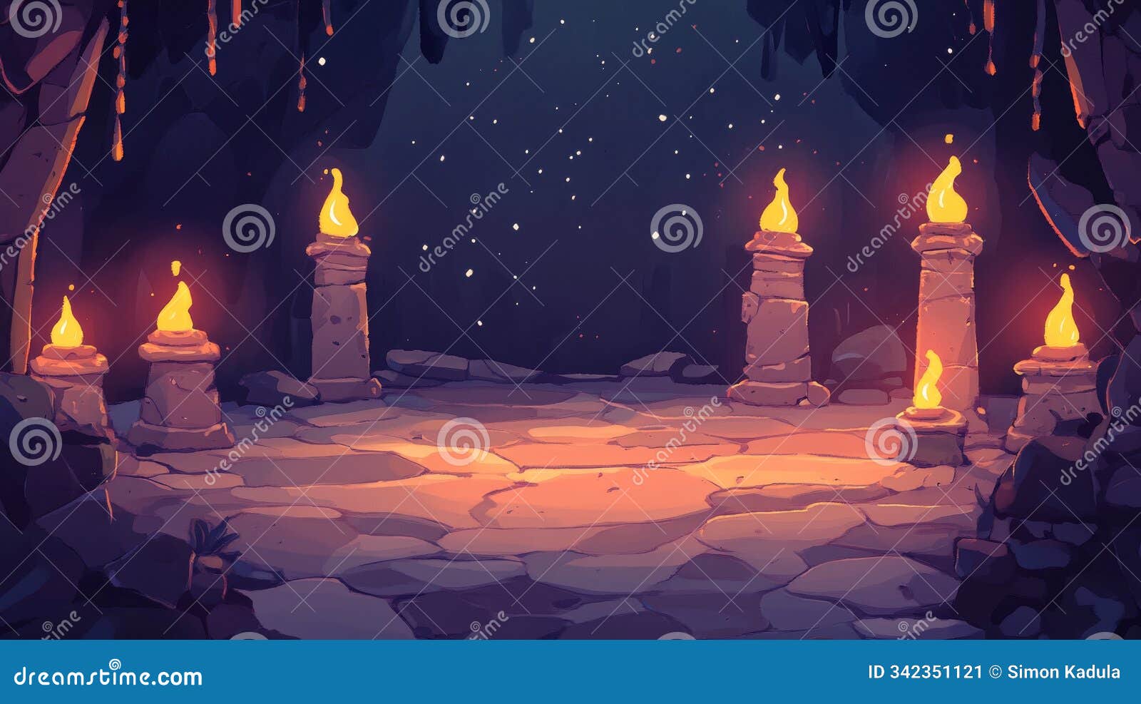 Torches Burning on Stone Pillars in a Cave Stock Image - Image of eerie ...