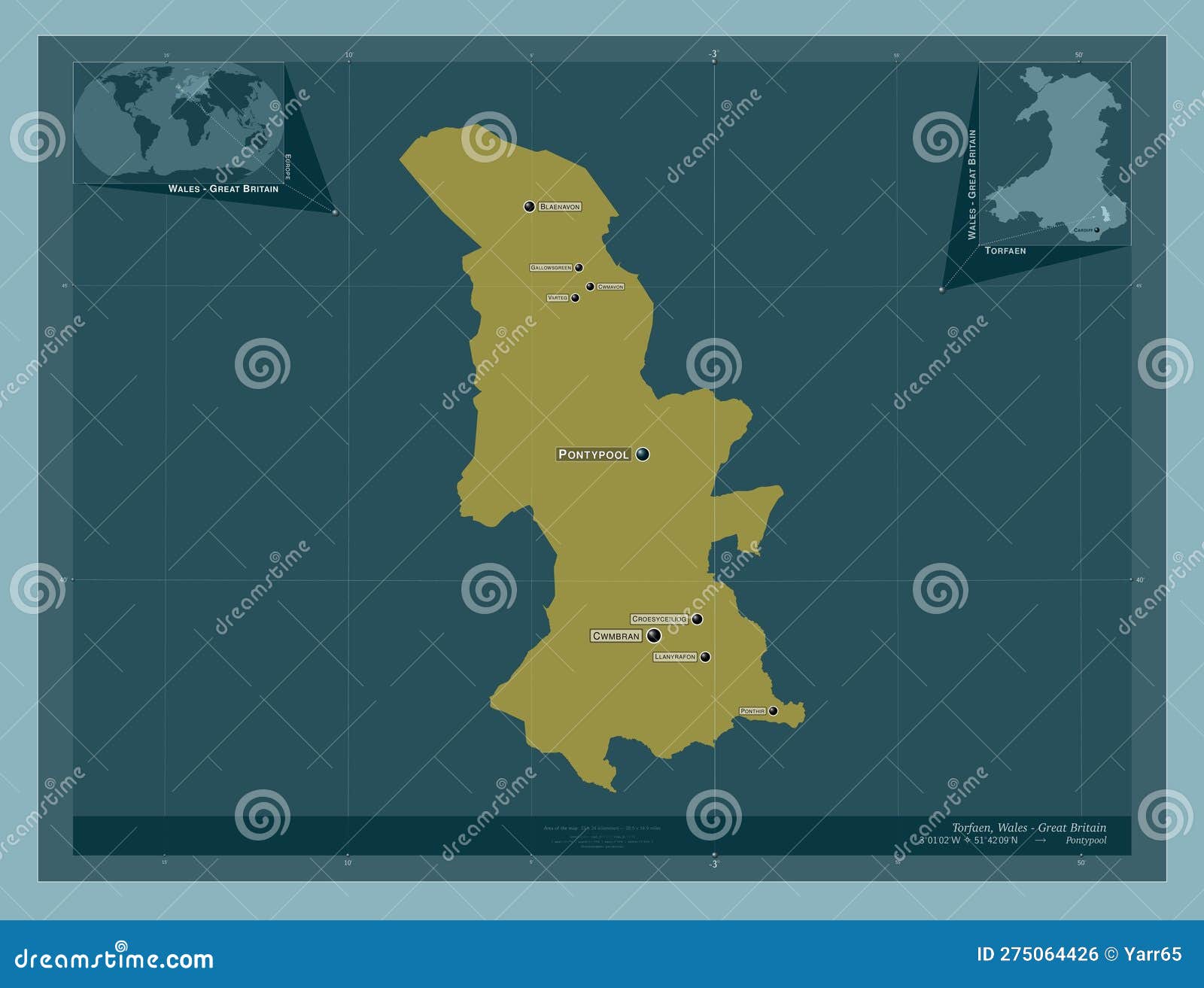 Torfaen, Wales - Great Britain. Solid. Labelled Points of Cities Stock ...