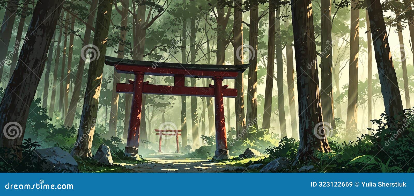Torii Forest Afternoon , Anime Background , Illustration. Stock Image ...