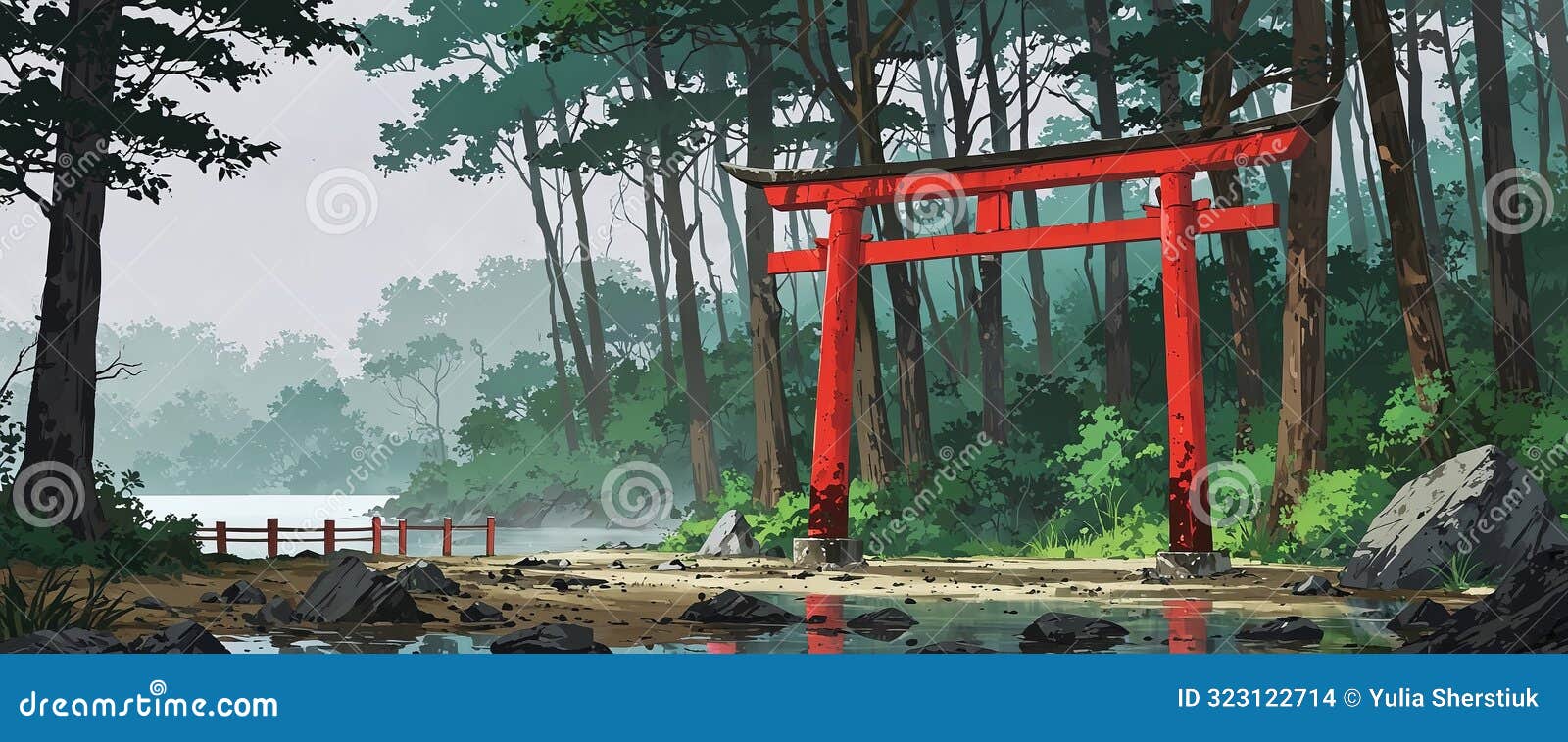 Torii Forest Overcast , Anime Background , Illustration. Stock Photo ...