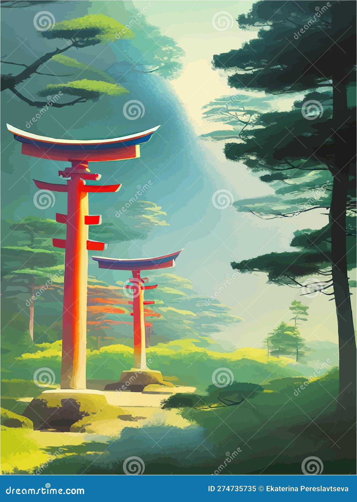Torii Japanese Shinto Next To Japanese Colored Forest with Mountains Stock Vector - Illustration ...