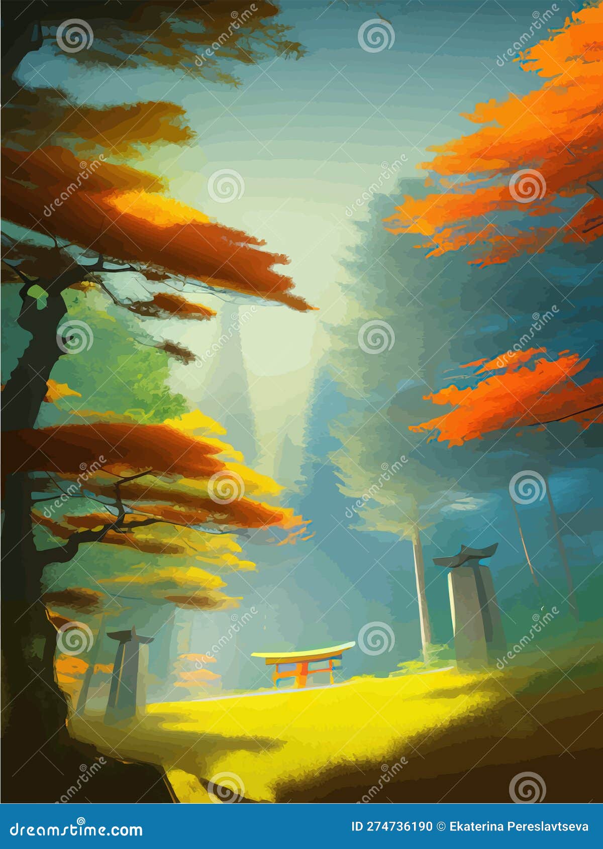 Torii Japanese Shinto Next To Japanese Colored Forest with Mountains Stock Vector - Illustration ...