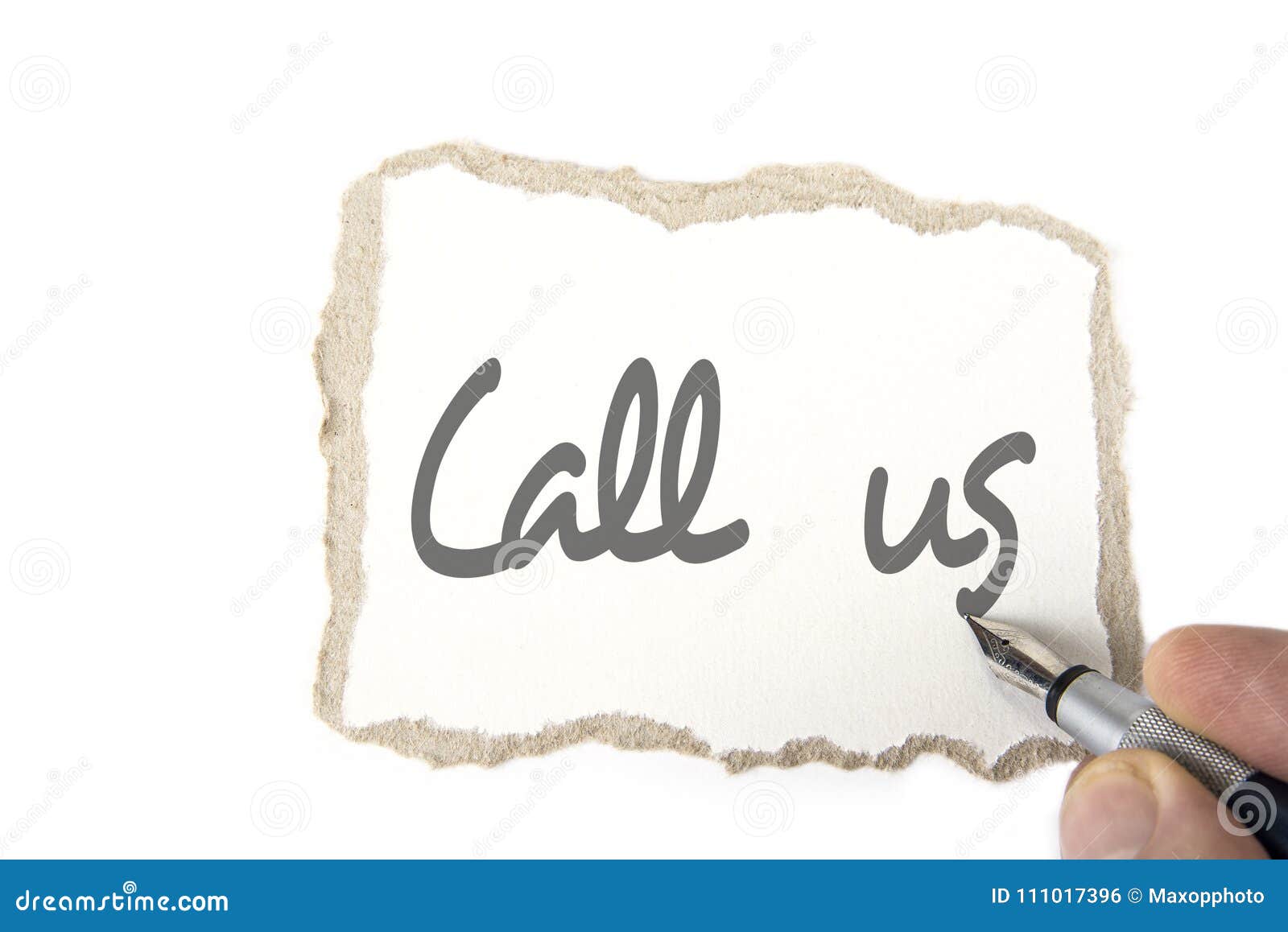 Torn Blank Cardboard Paper with the Hand and the Pen. Call Us Stock ...