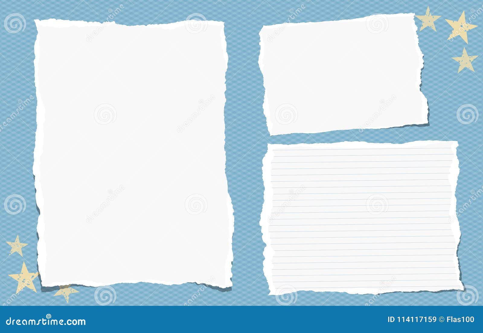 Torn Blank and Lined Note, Notebook Paper Pieces for Text Stuck on Blue ...