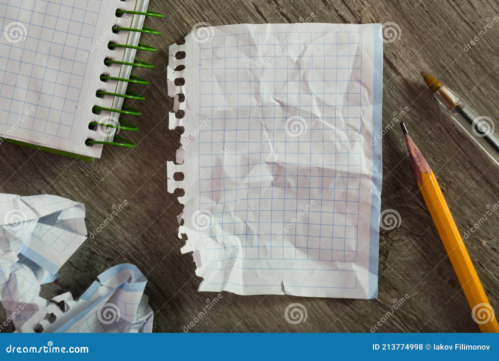 Torn Crumpled Notebook Sheet Stock Photo - Image of pencil, table ...