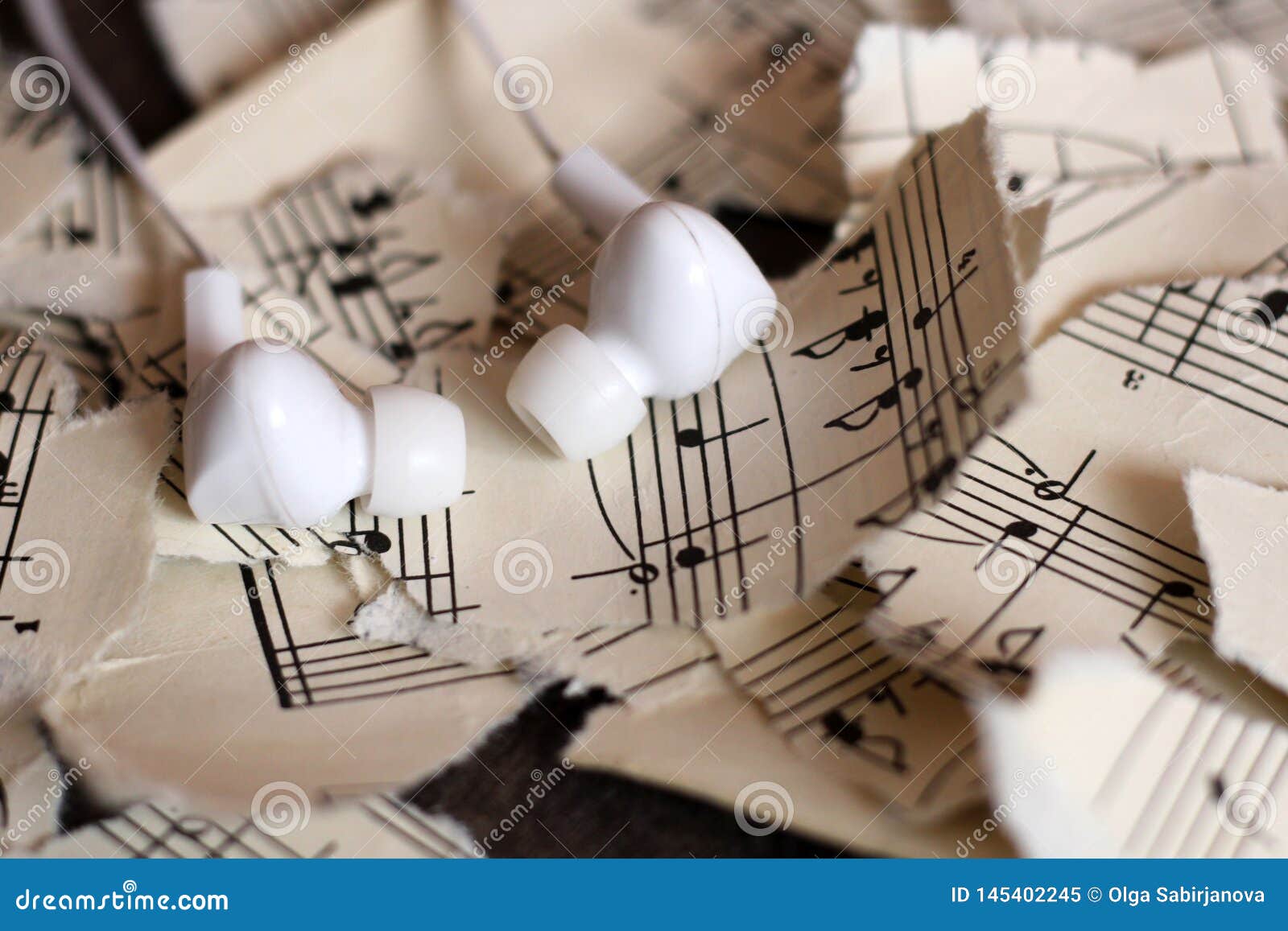 Torn Musical Notes, Pieces of Paper, White Vacuum Headphones Stock ...