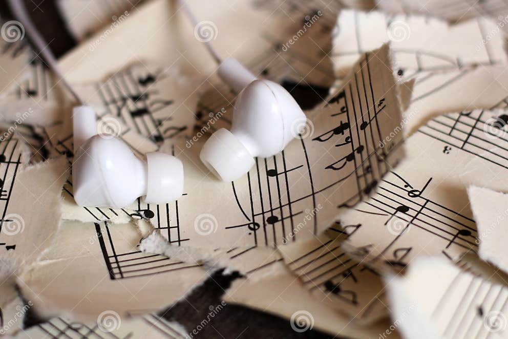 Torn Musical Notes, Pieces of Paper, White Vacuum Headphones Stock ...