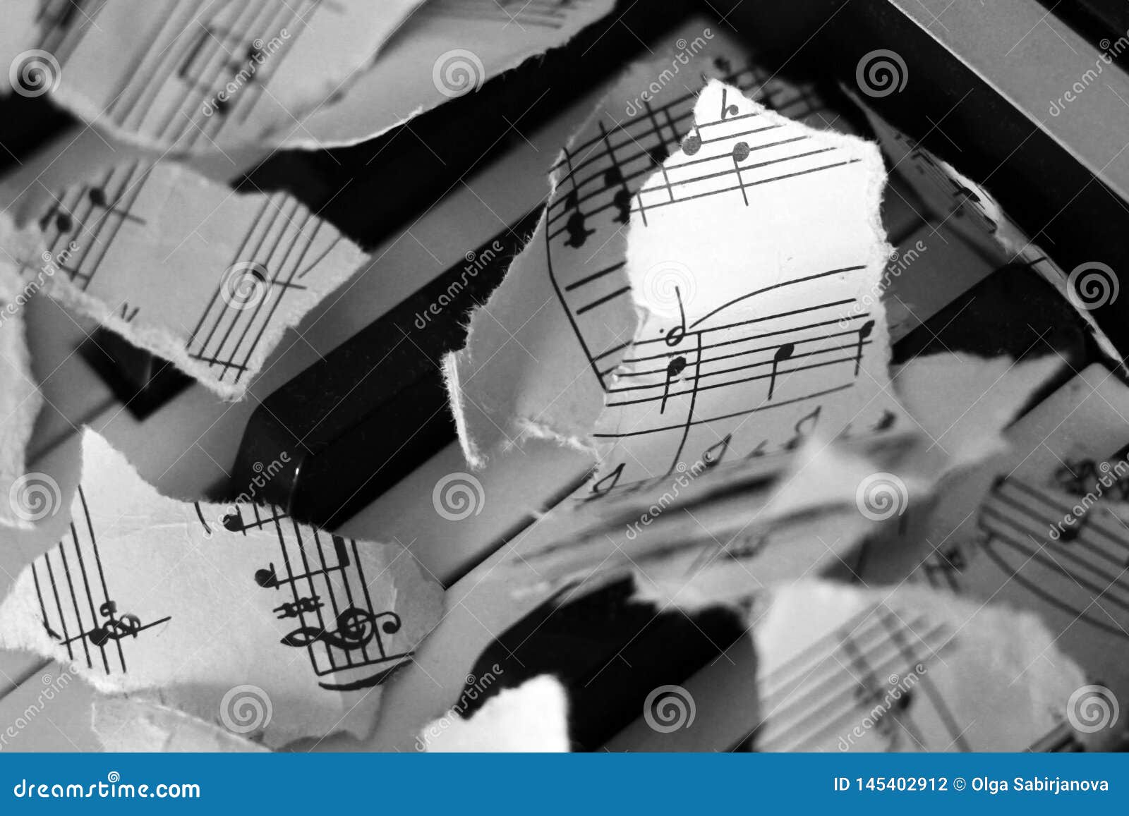 Torn Musical Notes, Pieces of Paper on Piano, Monochrome Stock Photo ...