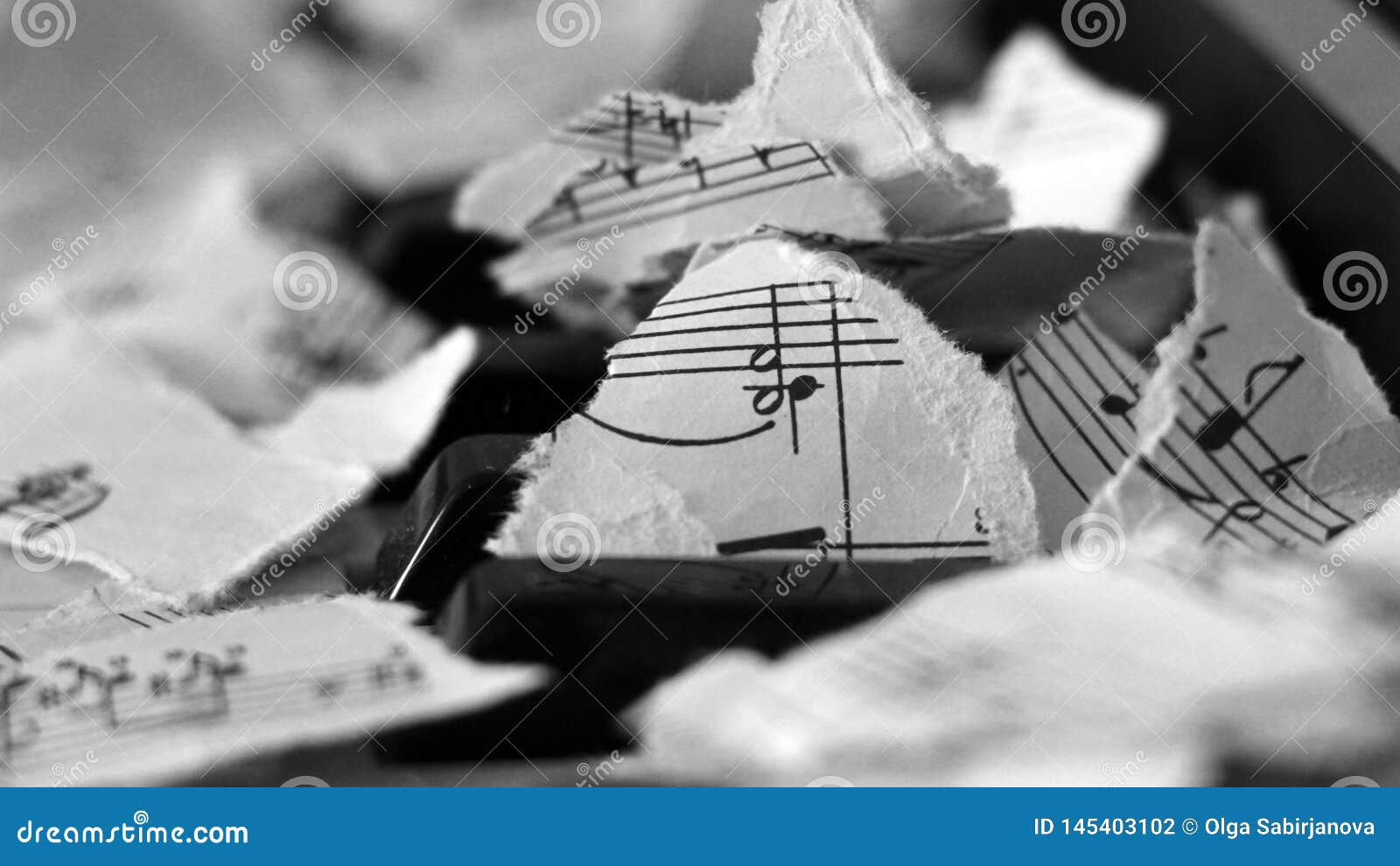 Torn Musical Notes, Pieces of Paper on Piano, Black and White Image ...