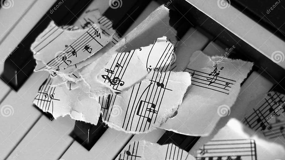 Torn Musical Notes, Pieces of Paper on Piano Stock Photo - Image of ...