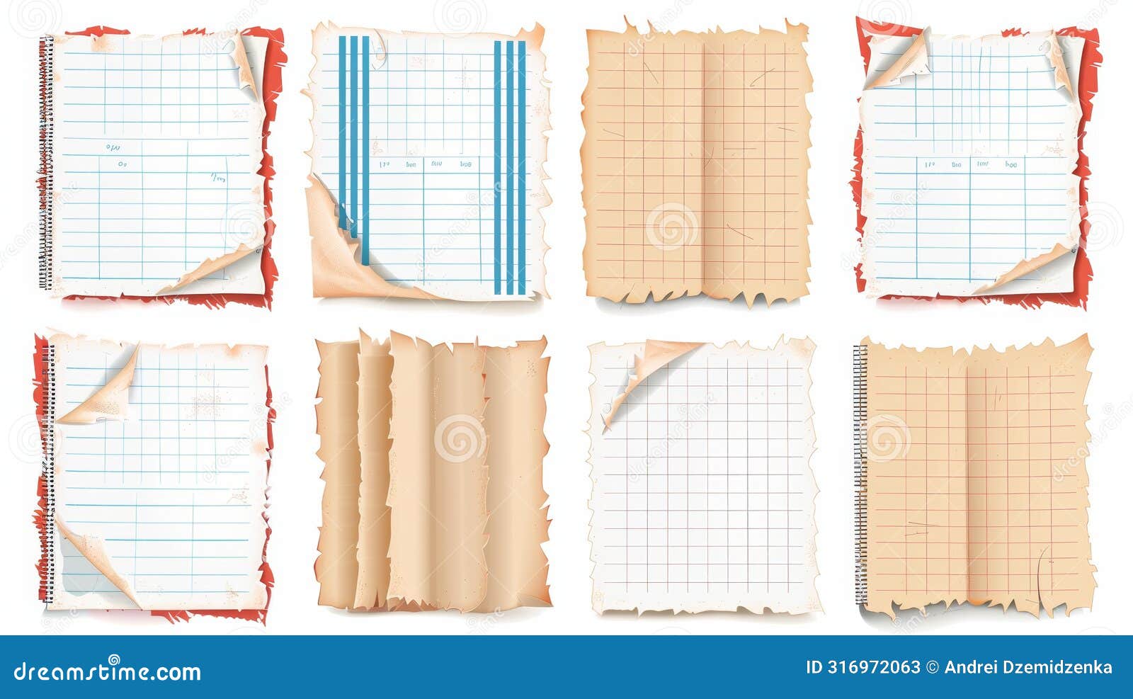 Torn Notebook Sheets with Square Grid Pattern and Striped Pattern. Old ...