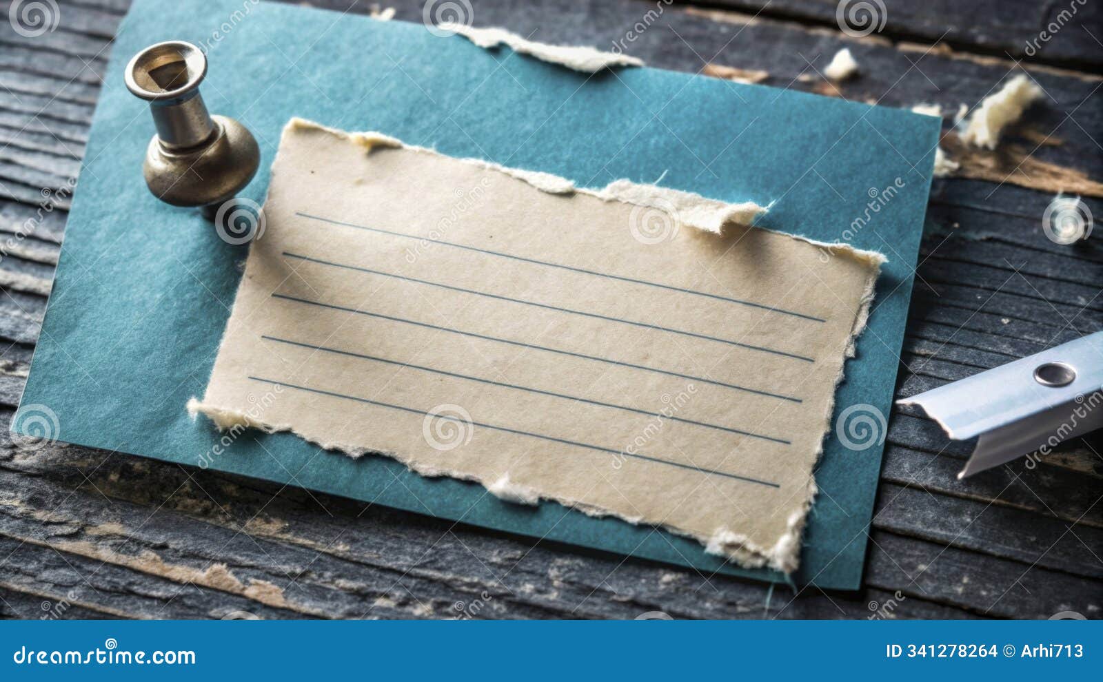 A Torn Piece of Lined Paper Pinned To a Blue Surface with a Brass Pin ...