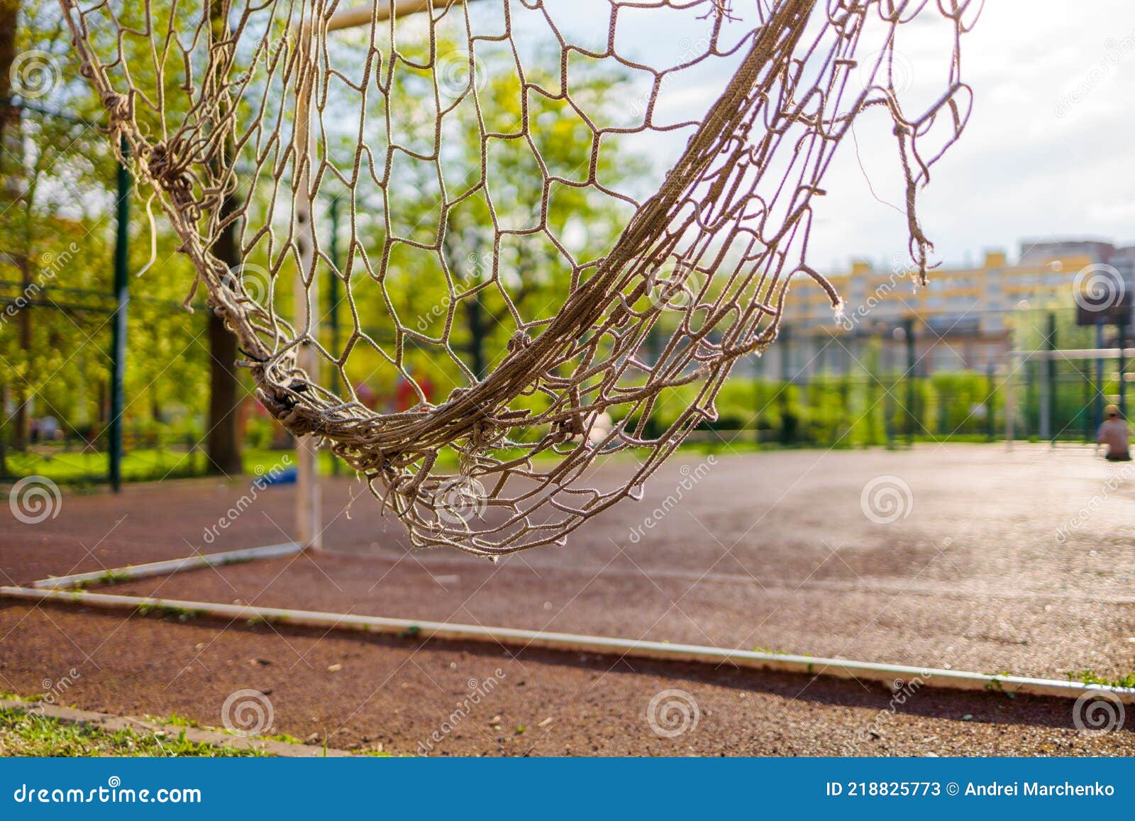Torn Soccer Net Close-up on the Background of a Soccer Field Stock ...
