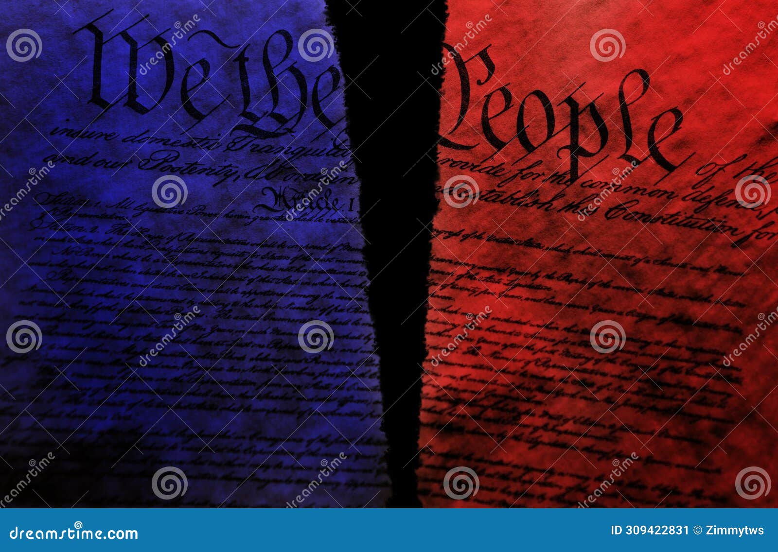 Torn US Constitution with Red and Blue Split Representing Division in ...