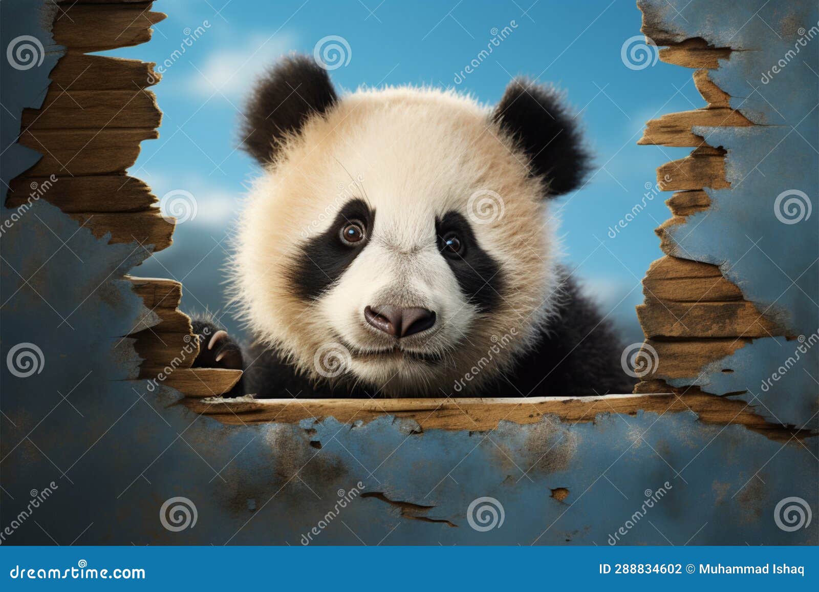 Torn Wall Unveils a Cute Panda, Pondering the Vast Emptiness Stock ...
