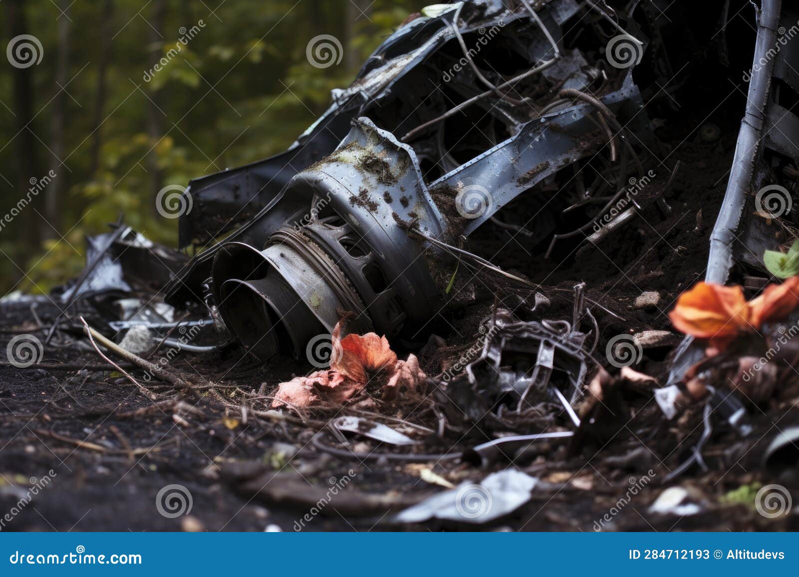 Torn Wing and Engine Parts at the Crash Scene Stock Illustration ...