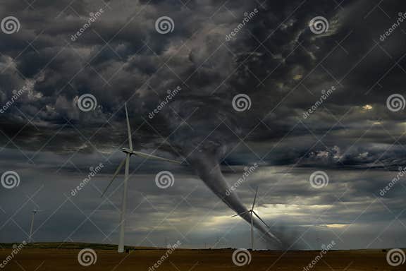 Tornado Descending on Windmill Farm Stock Photo - Image of tornado ...
