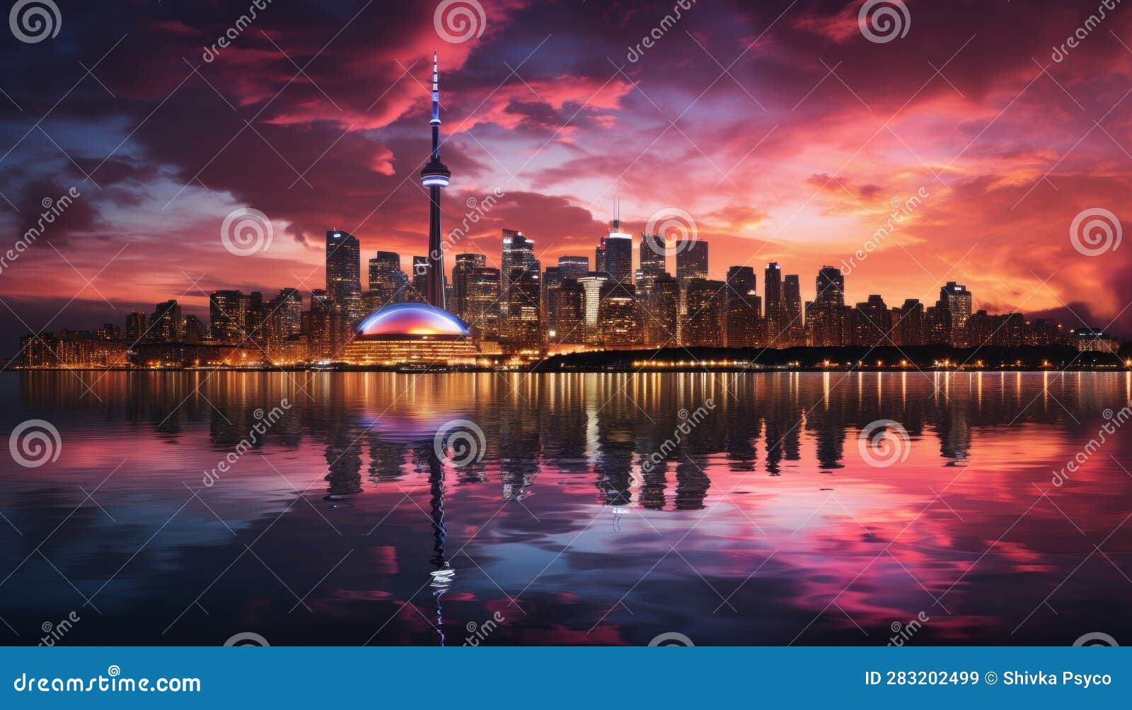 Toronto Skyline with Sea Side View with Pink Clouds Stock Illustration ...