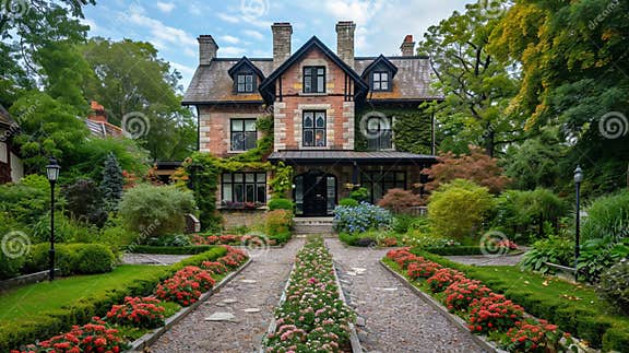 Toronto Villa Outside with Trees and Flower Way. Stock Illustration ...