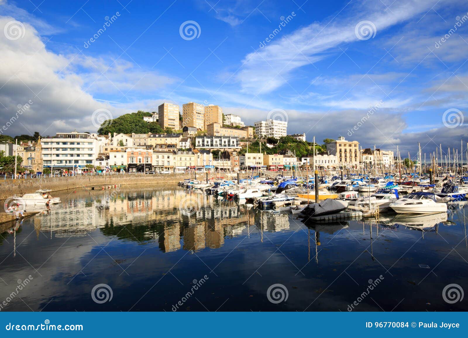 Torquay Harbour on a Summers Day with Cloudscape and Water Reflection ...