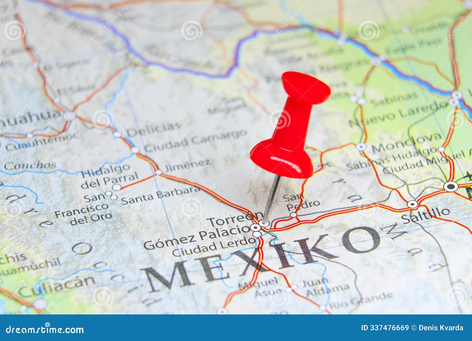 Torreon, Mexico pin on map stock image. Image of destination - 337476669