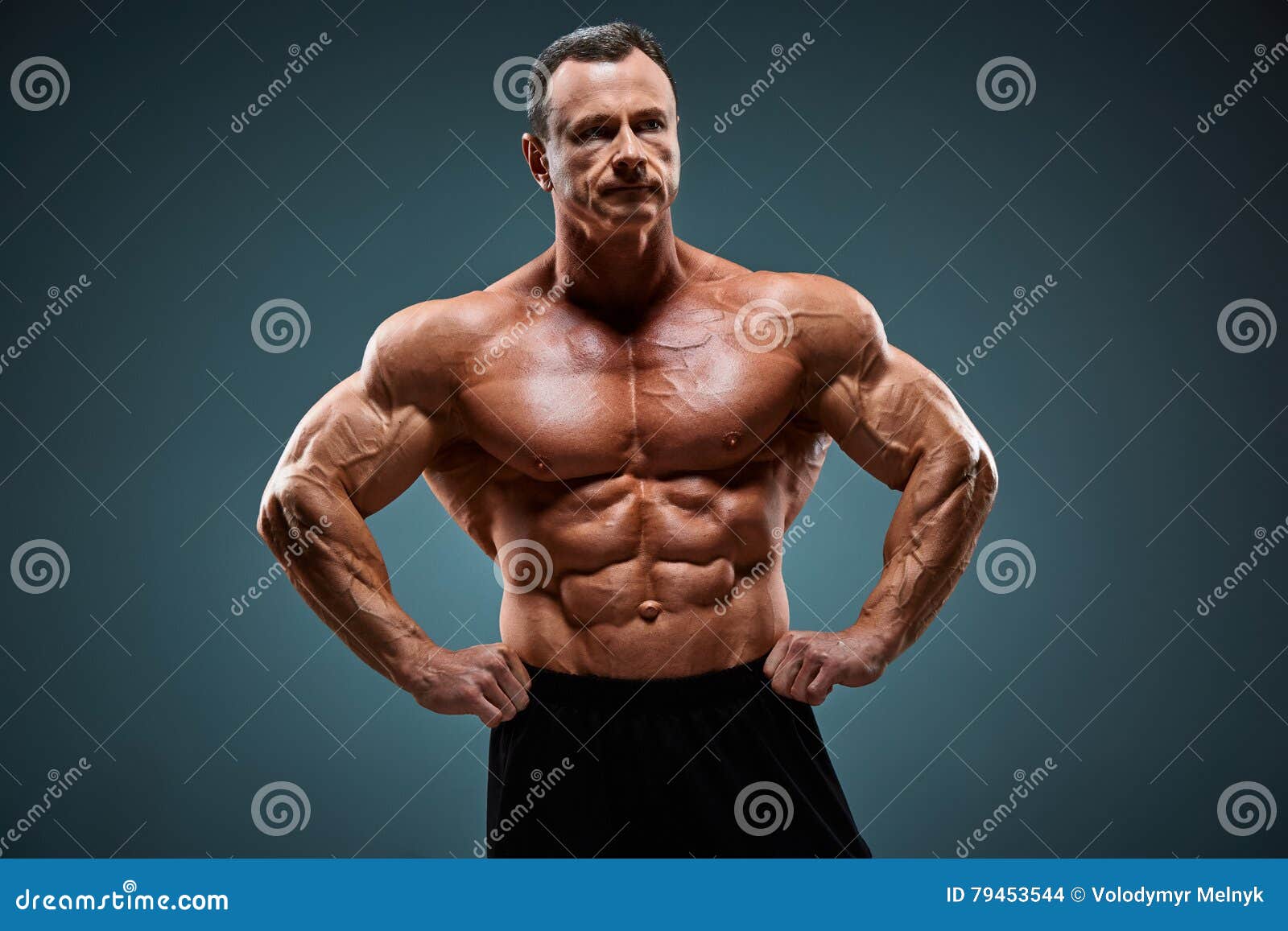 Torso Of Attractive Male Body Builder On Gray Background. Stock ...