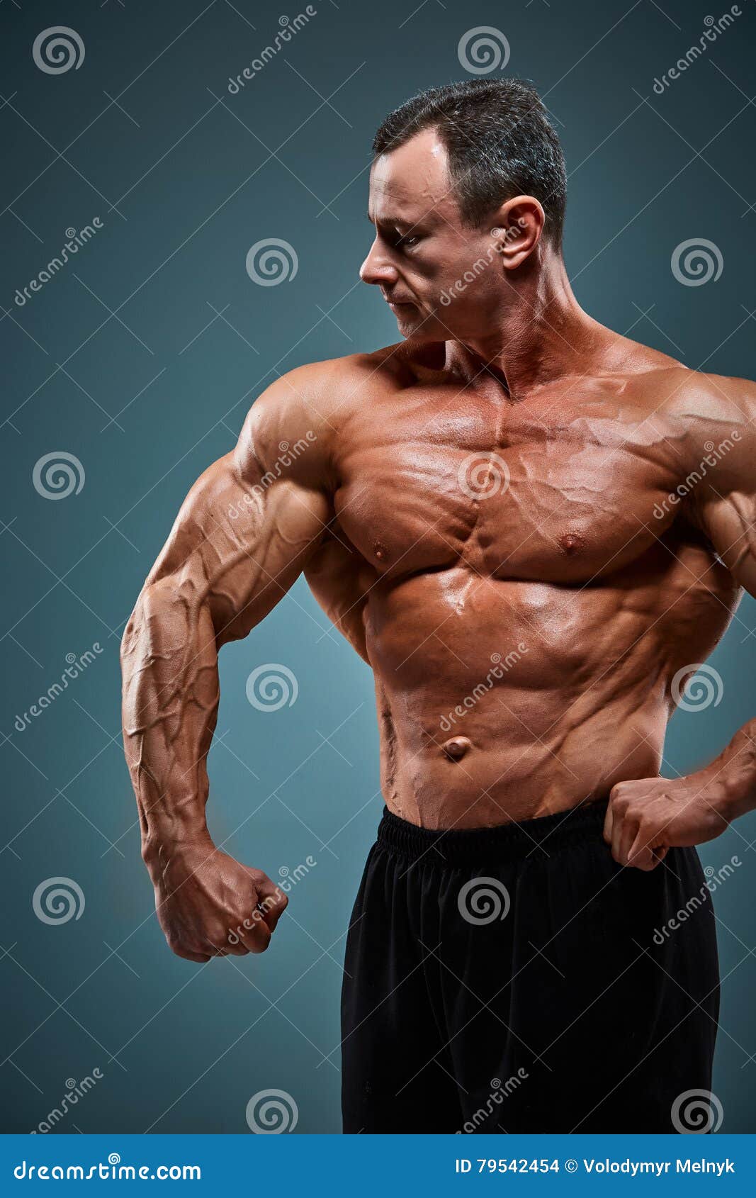 Torso of Attractive Male Body Builder on Gray Background. Stock Photo ...